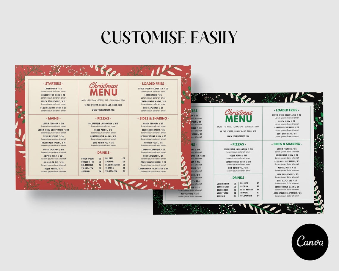 Canva Christmas Menu // Christmas Menu Template // Landscape Canva Menu ...