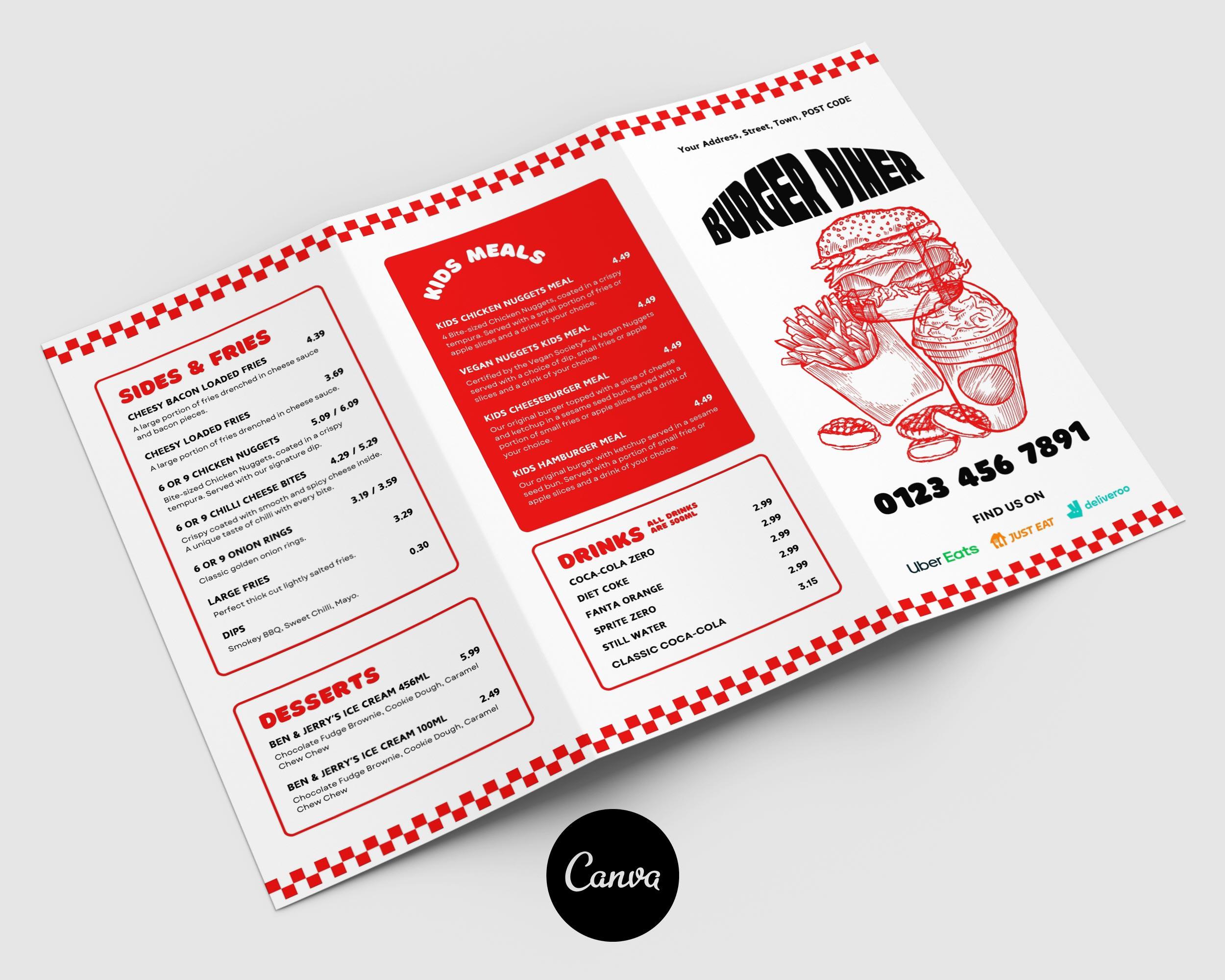 Burger Bar Menu Template: Tri-fold Canva Restaurant Template (digital ...
