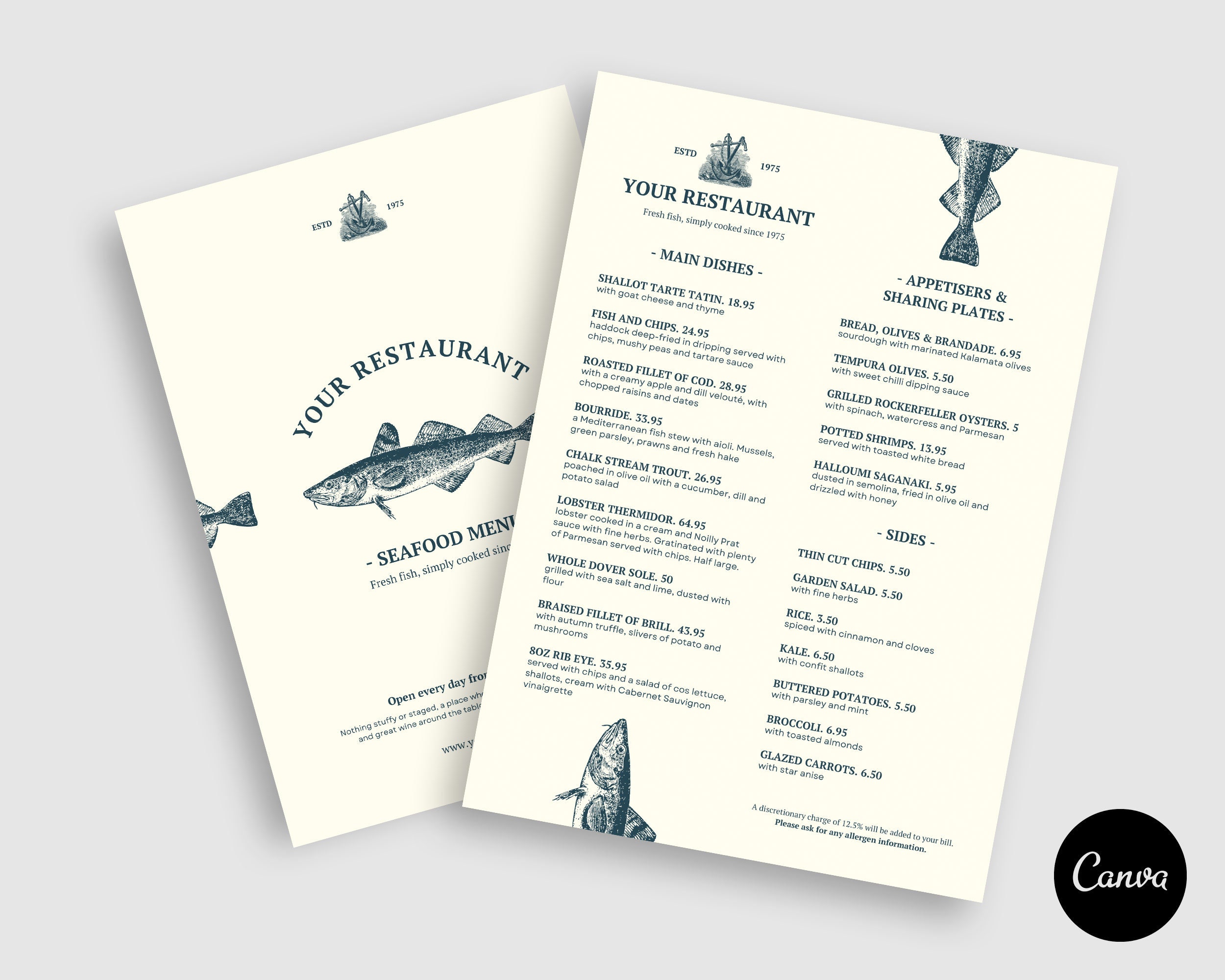 Seafood Restaurant Menu Template: A4 Fish & Chip Design (canva) - Etsy
