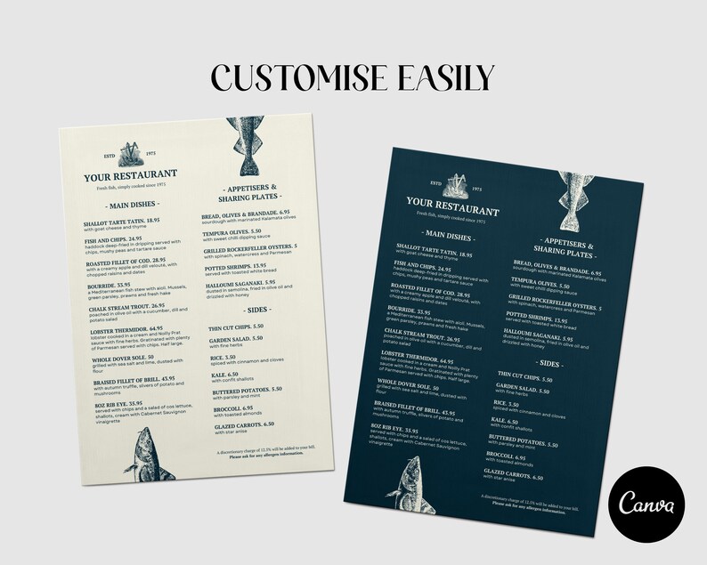Canva A4 Seafood Menu // Fish & Chip Menu Template // Canva Restaurant ...