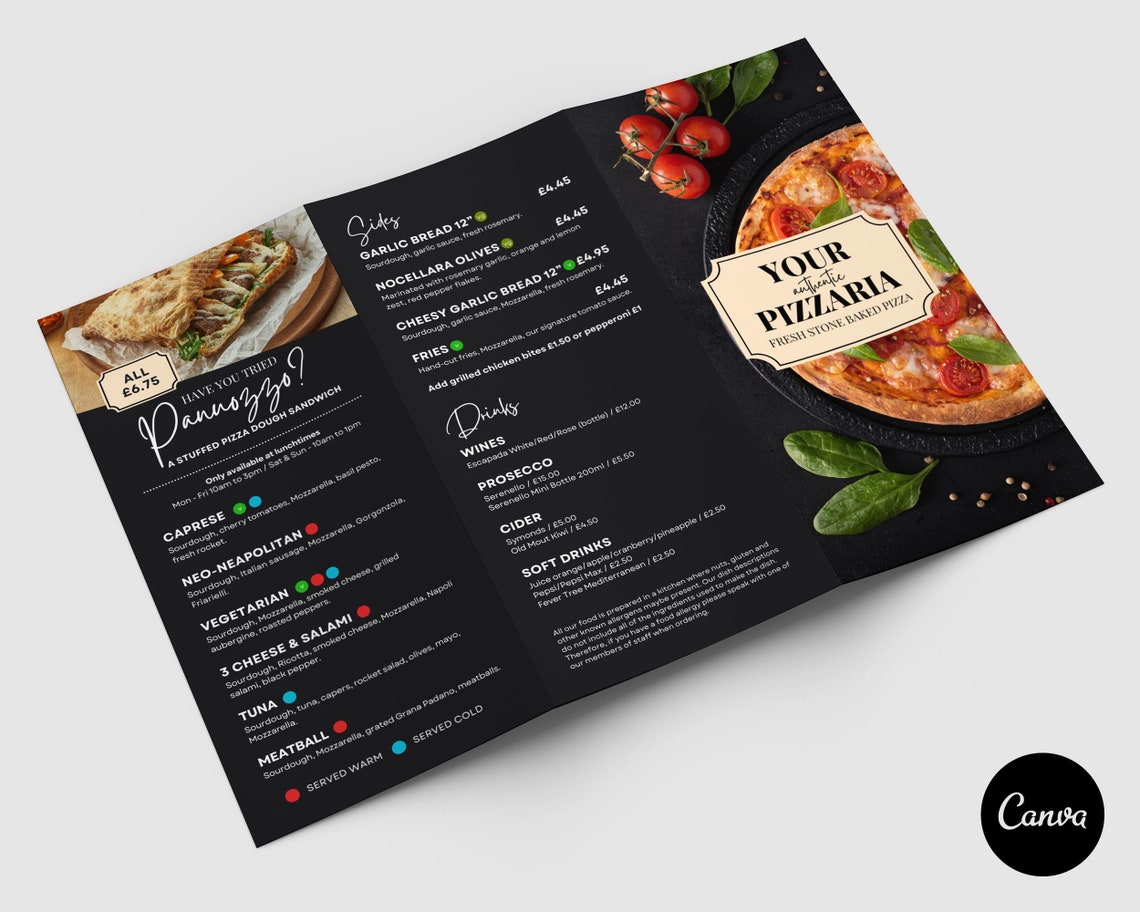 Stylish Pizza Menu Template: Tri-fold Pizzeria Design (canva) - Etsy