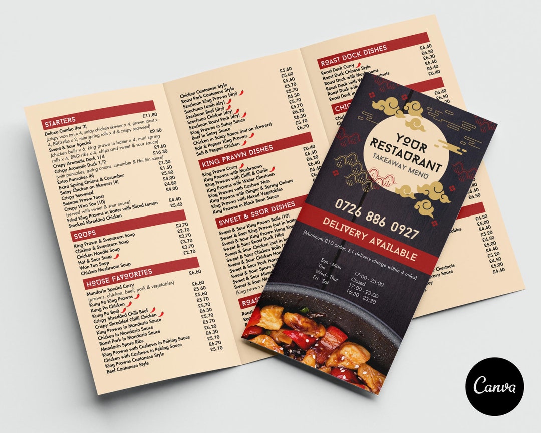 Chinese Takeaway Menu Template: Tri-fold Canva Design (digital Download ...