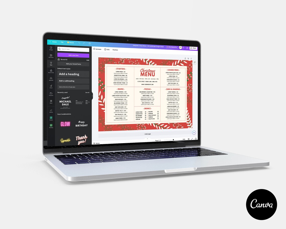 Canva Christmas Menu // Christmas Menu Template // Landscape Canva Menu ...