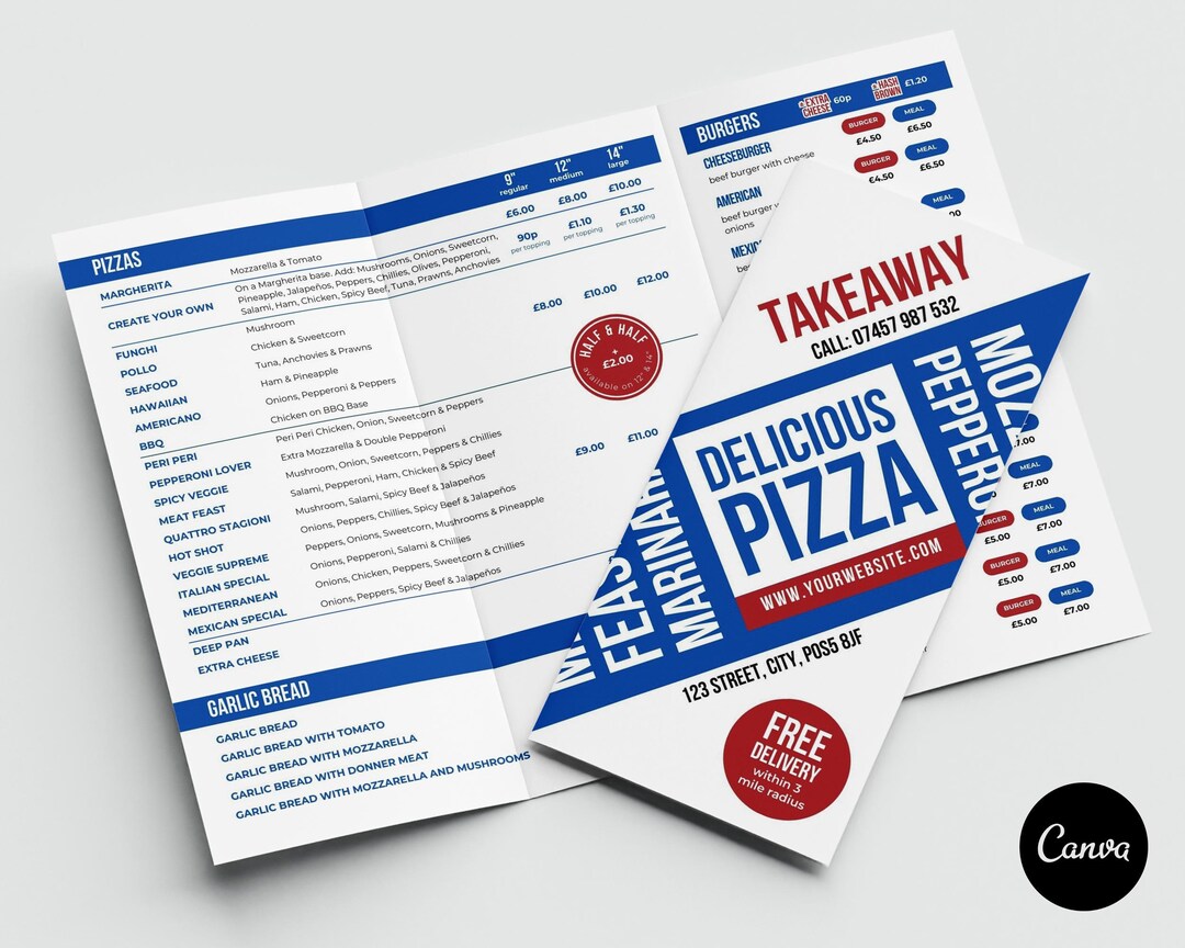 Canva Pizza Fast Food Menu // Tri-fold Takeaway Menu Template // Tri ...