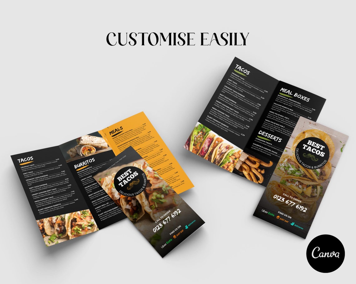 Canva Taco Takeaway Menu // Tri-fold Burrito Menu Template // Tri-fold ...