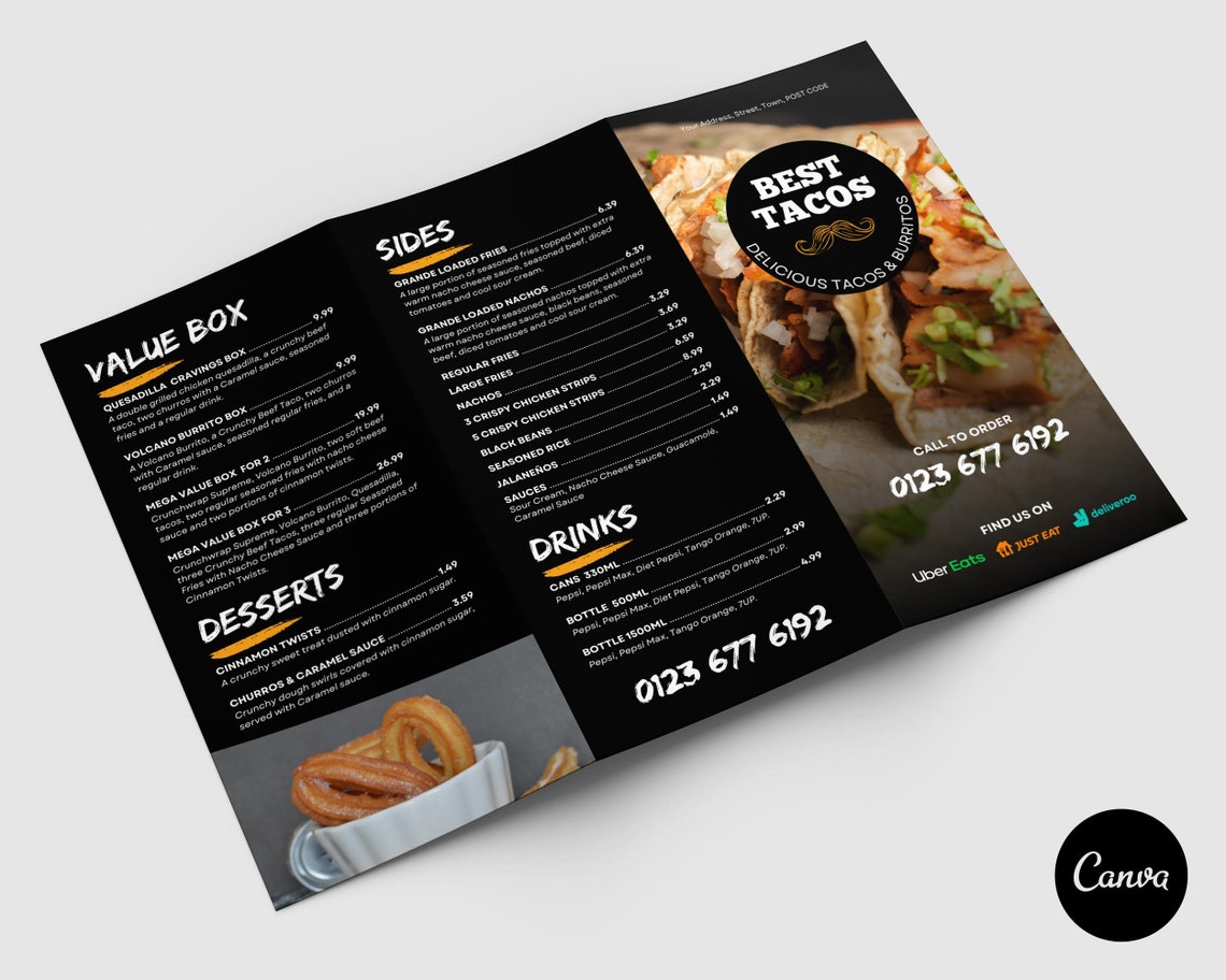 Canva Taco Takeaway Menu // Tri-fold Burrito Menu Template // Tri-fold ...