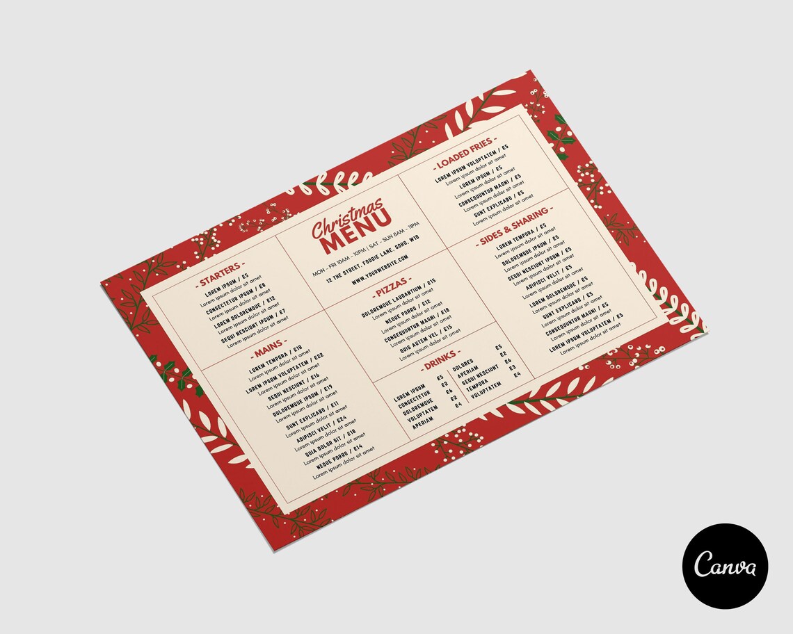 Canva Christmas Menu // Christmas Menu Template // Landscape Canva Menu ...
