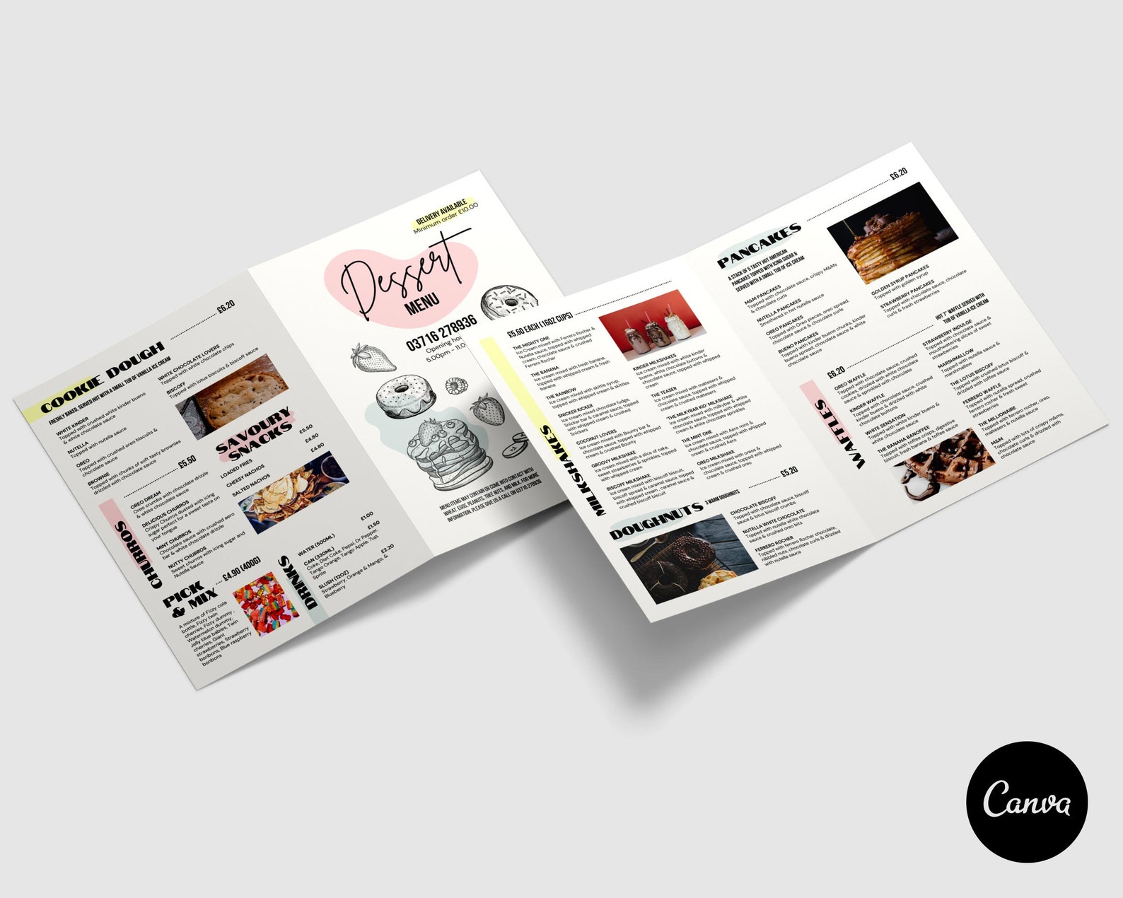 Canva Bi Fold Dessert Menu // Folded Pudding Menu Template // Canva Ice ...