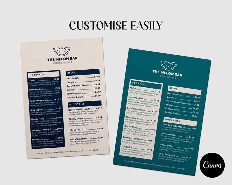 Drinks Menu Menu // Cocktail Menu Template // Canva Bar Menu Template ...