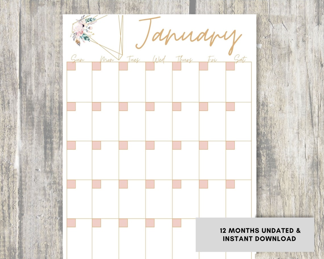 Undated Monthly Calendar Printable Planner, Blank Sunday Monday Start ...