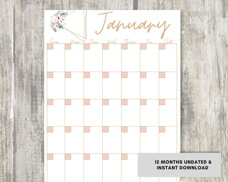 Undated Monthly Calendar Printable Planner, Blank Sunday Monday Start ...