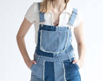 Upcycled Denim Overalls: Boho Cherry Patchwork, Lace Trim - XL - Etsy