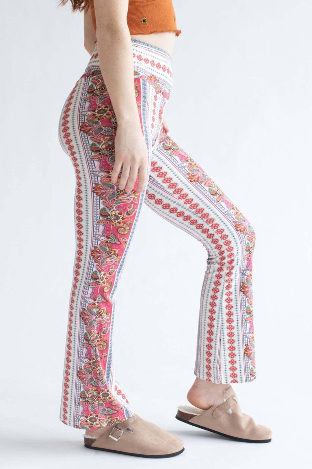 Coral Floral Border Print Bell Bottoms - Etsy