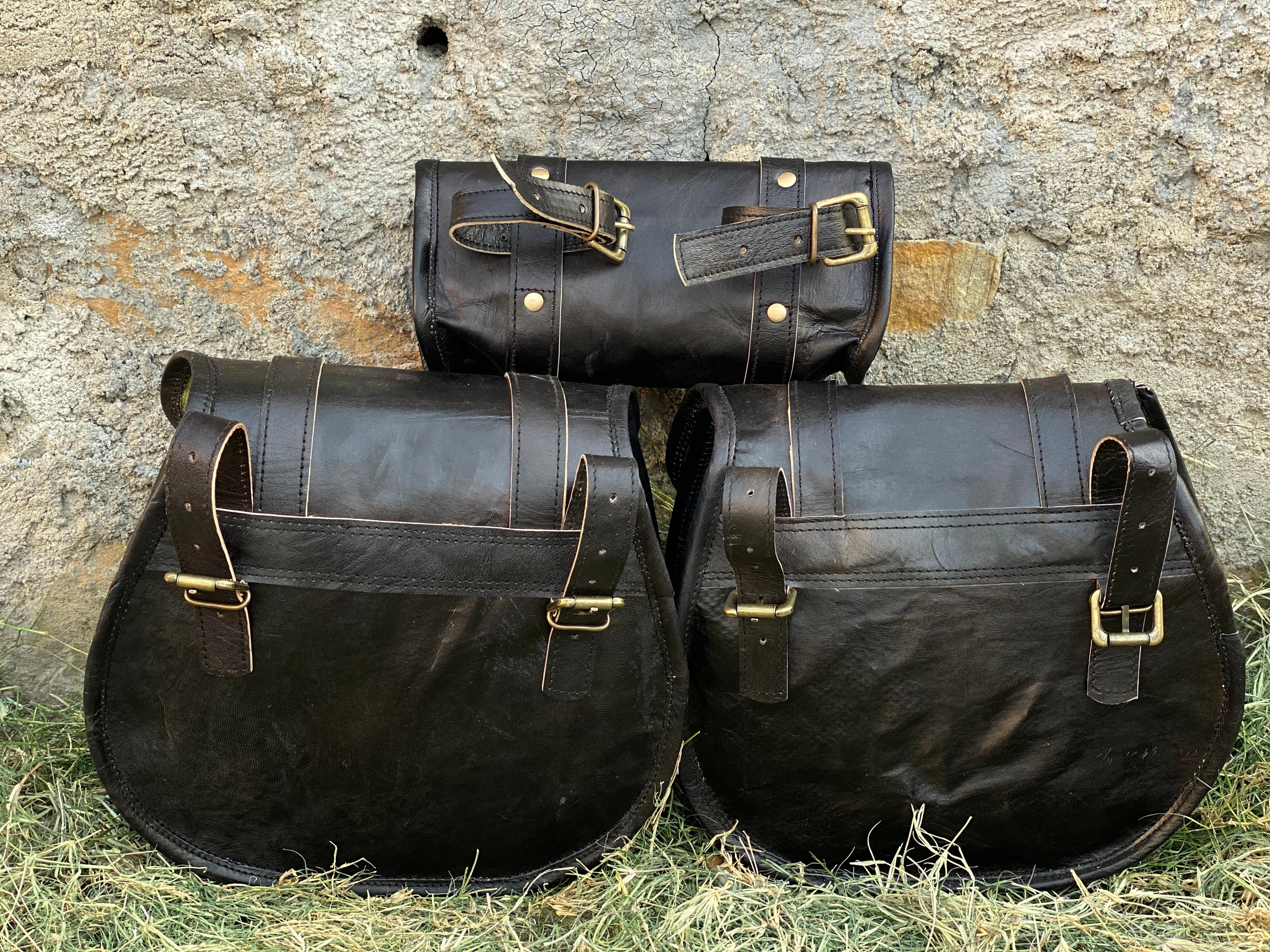 Goat Leather Motorcycle Saddlebags: Black Panniers, Set of Three - Etsy