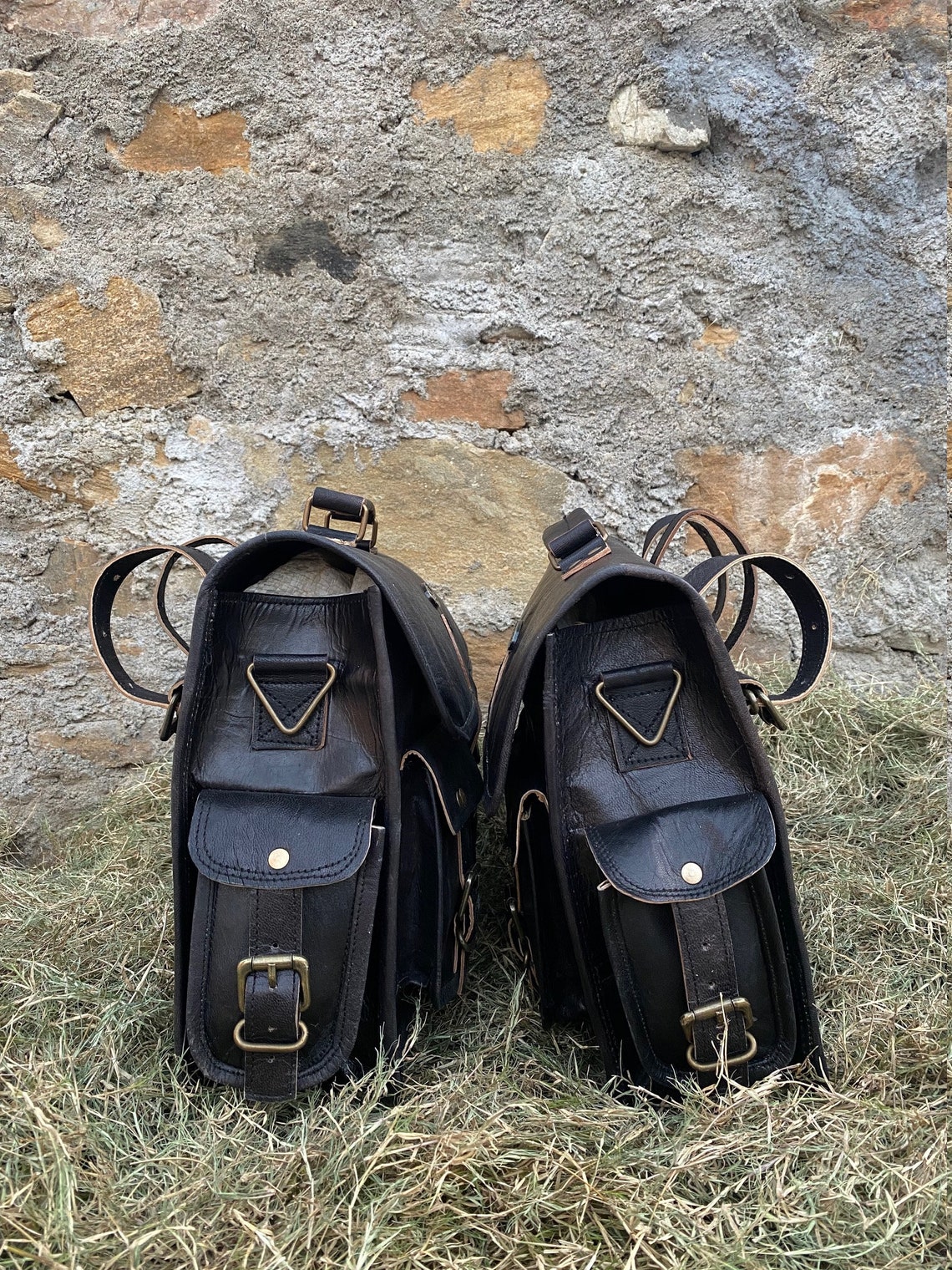 Goat Hide Leather Motorcycle Saddle Bags: Black Panniers, Messenger ...