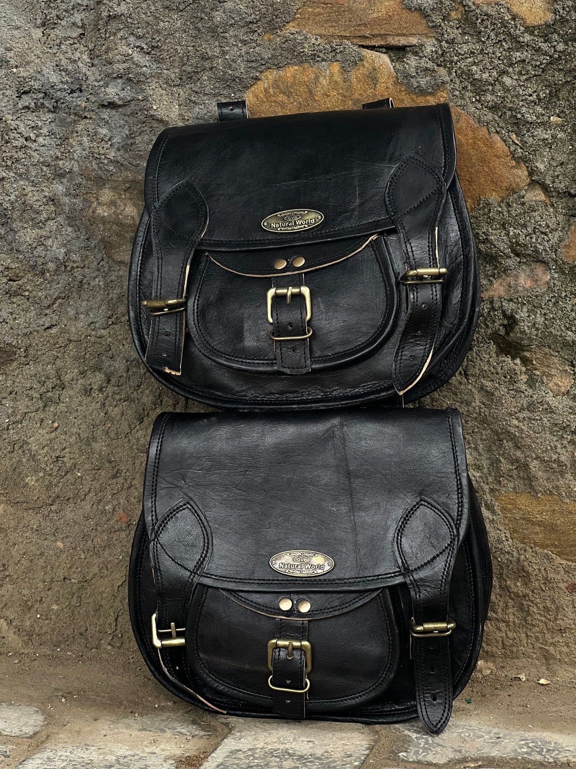 Leather Motorcycle Bag Saddle Bag Black Pouch Bag Set of Two - Etsy