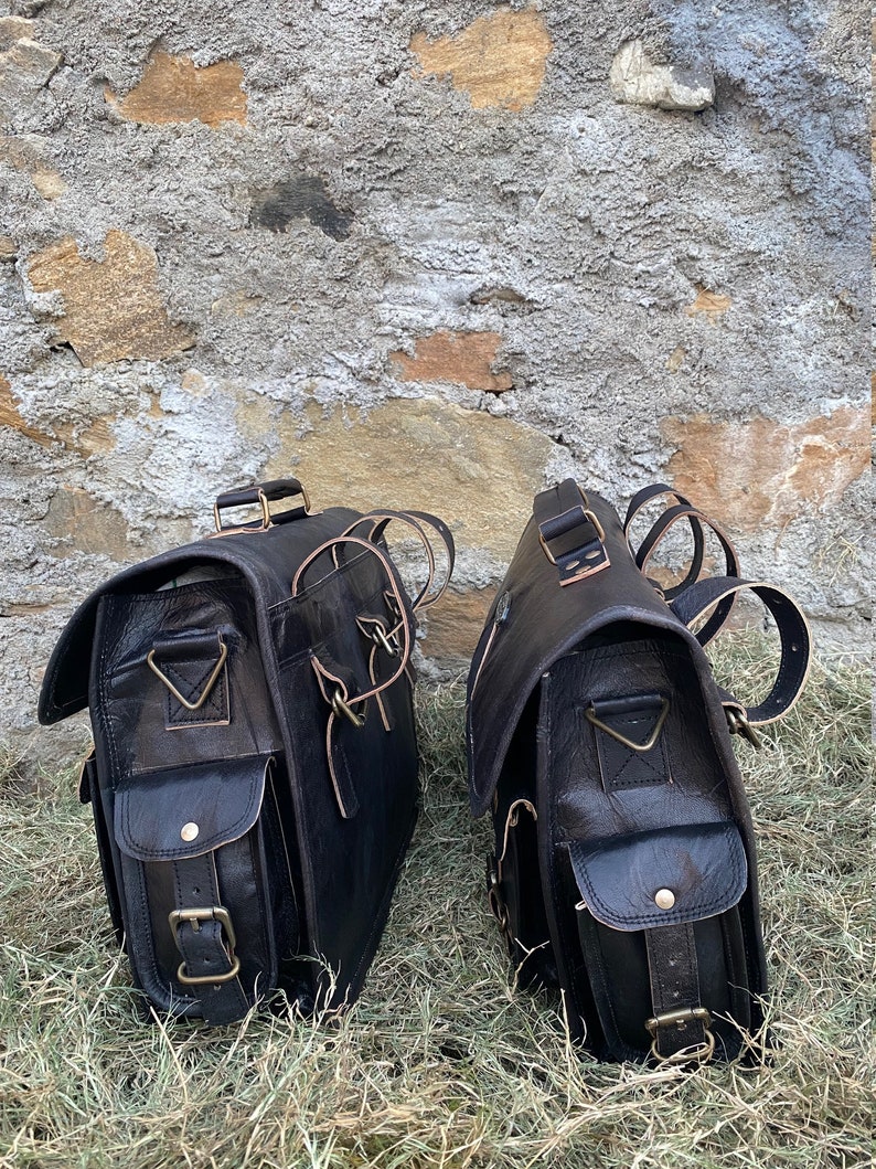 Goat Hide Leather Motorcycle Saddle Bags: Black Panniers, Messenger ...