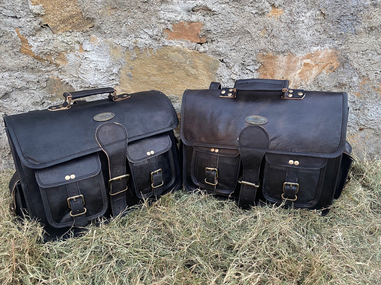 Goat Hide Leather Motorcycle Saddle Bags: Black Panniers, Messenger ...