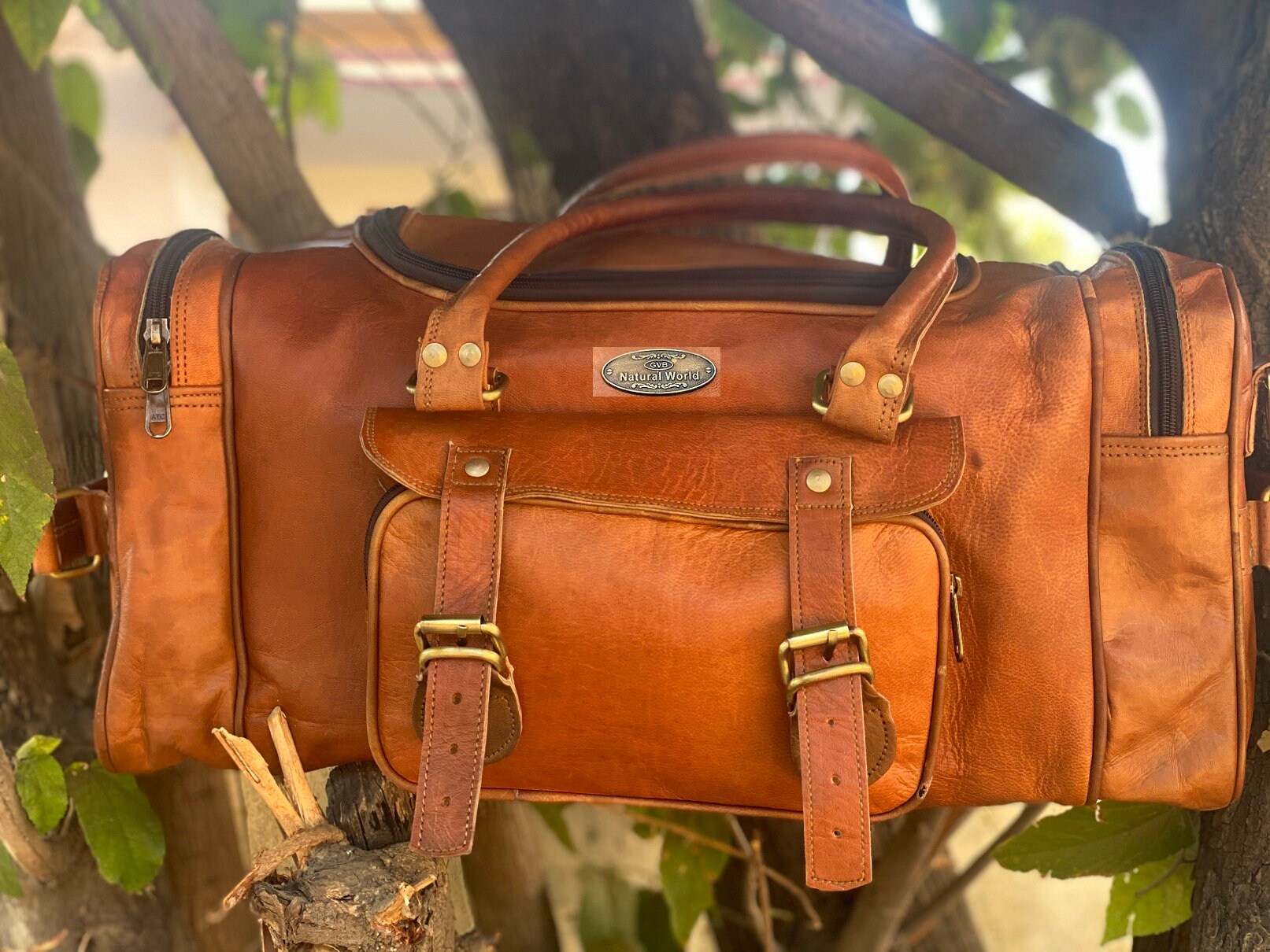 Handmade Leather Duffel Bag: 20-inch Brown Weekender Travel Bag - Etsy