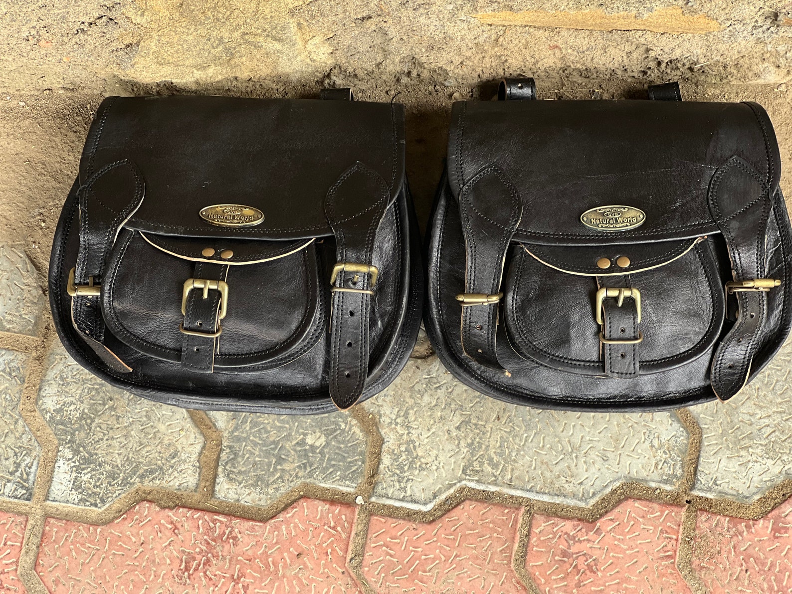 Leather Motorcycle Bag Saddle Bag Black Pouch Bag Set of Two - Etsy