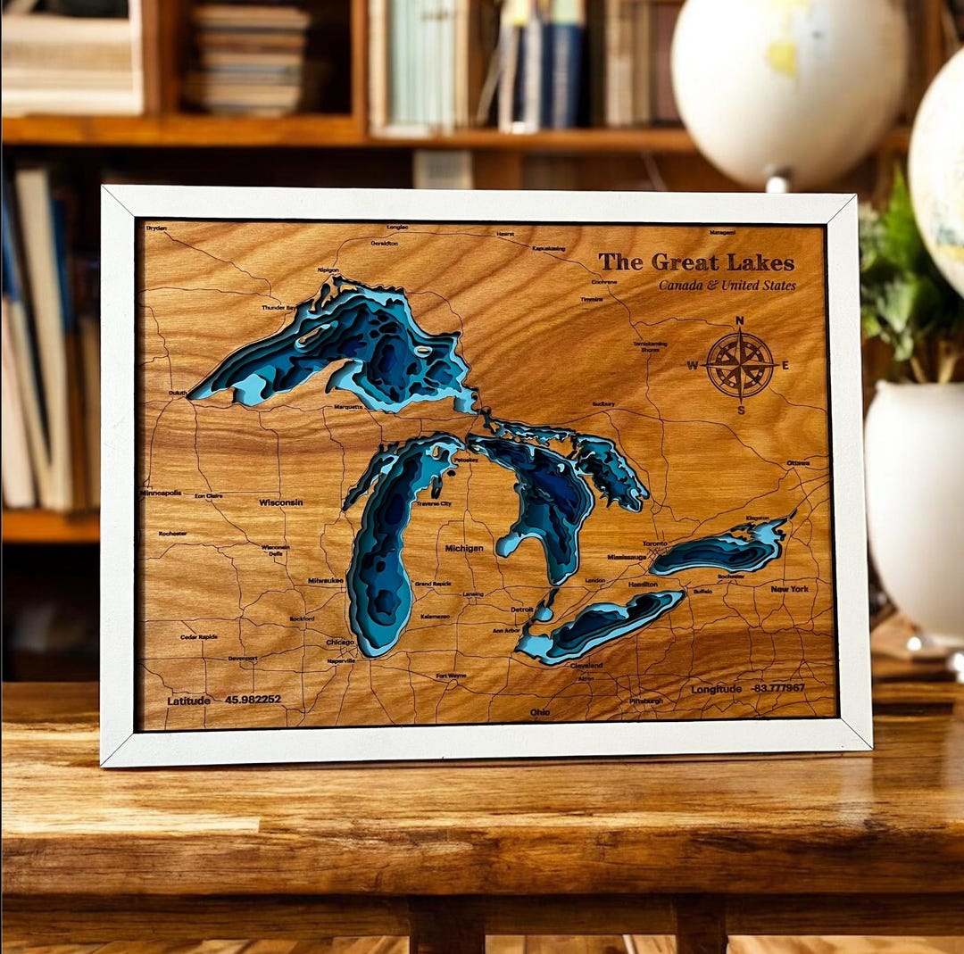 Great Lakes Map, Topographic Art, Great Lakes Depth Map, Nautical Wall ...