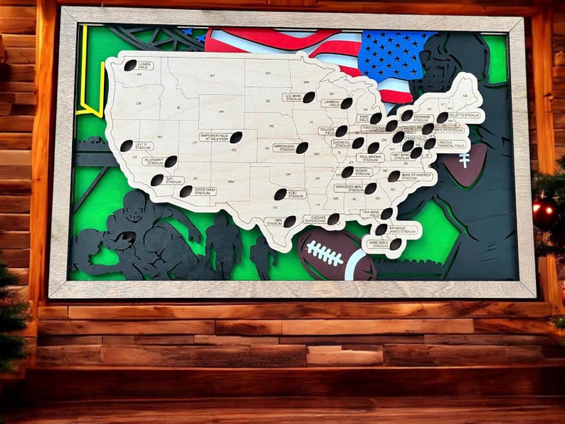 Football Stadium Tracker Map • NFL Stadium Travel Map • Wooden Sports ...