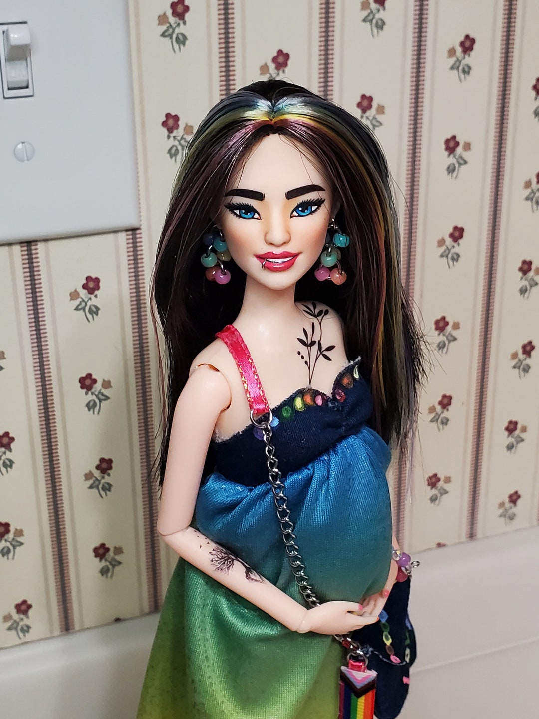 OOAK Barbie Pregnant Asian PRIDE Doll Rooted Rainbow Highlights Repaint Tattoos Piercings Comes ...