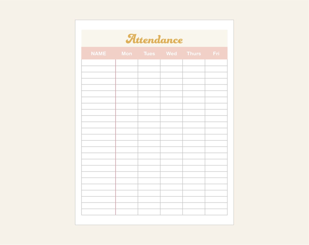 Weekly Attendance Sheet Pink for Teachers, Prints for Classroom ...