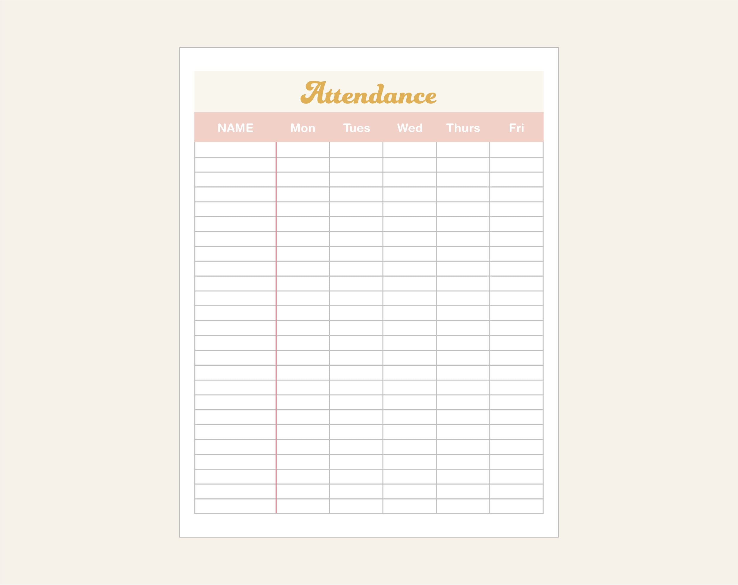 Weekly Attendance Sheet Pink for Teachers, Prints for Classroom ...