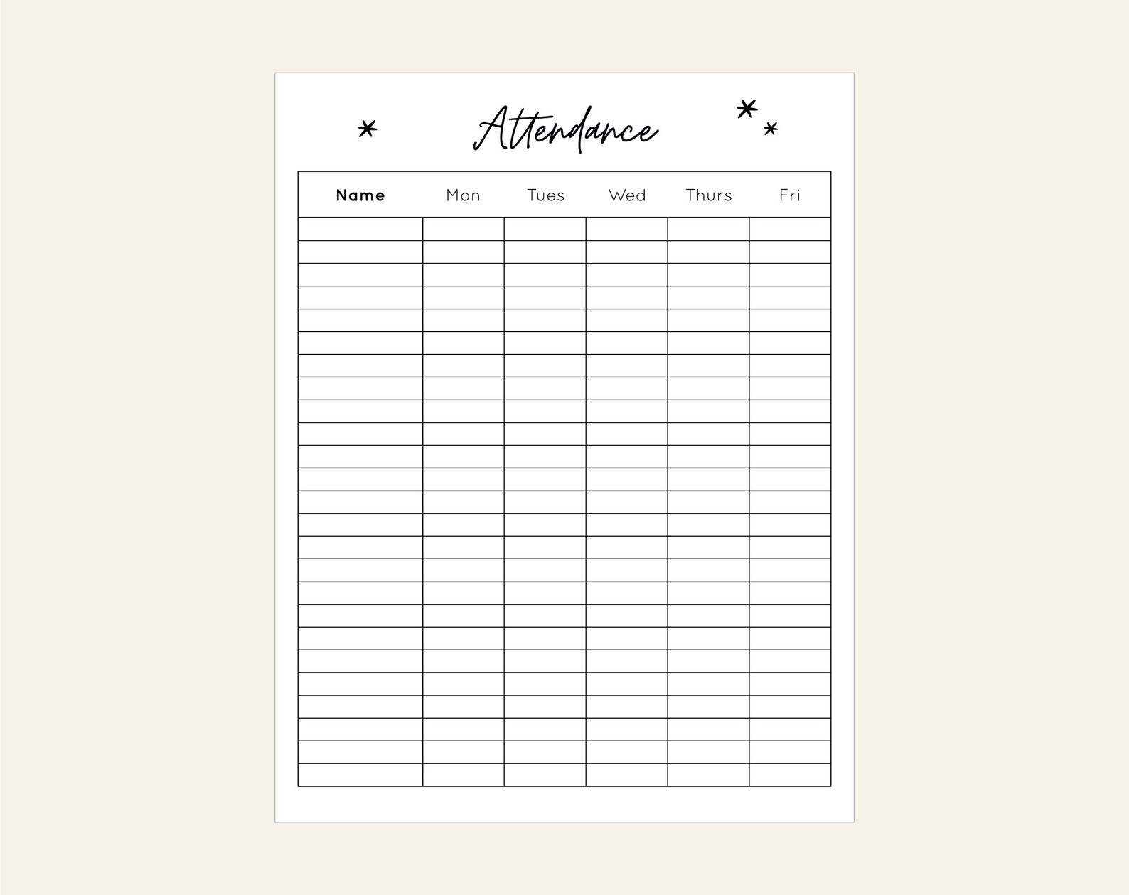Weekly Attendance Sheet for Teachers, Prints for Classroom Substitute ...