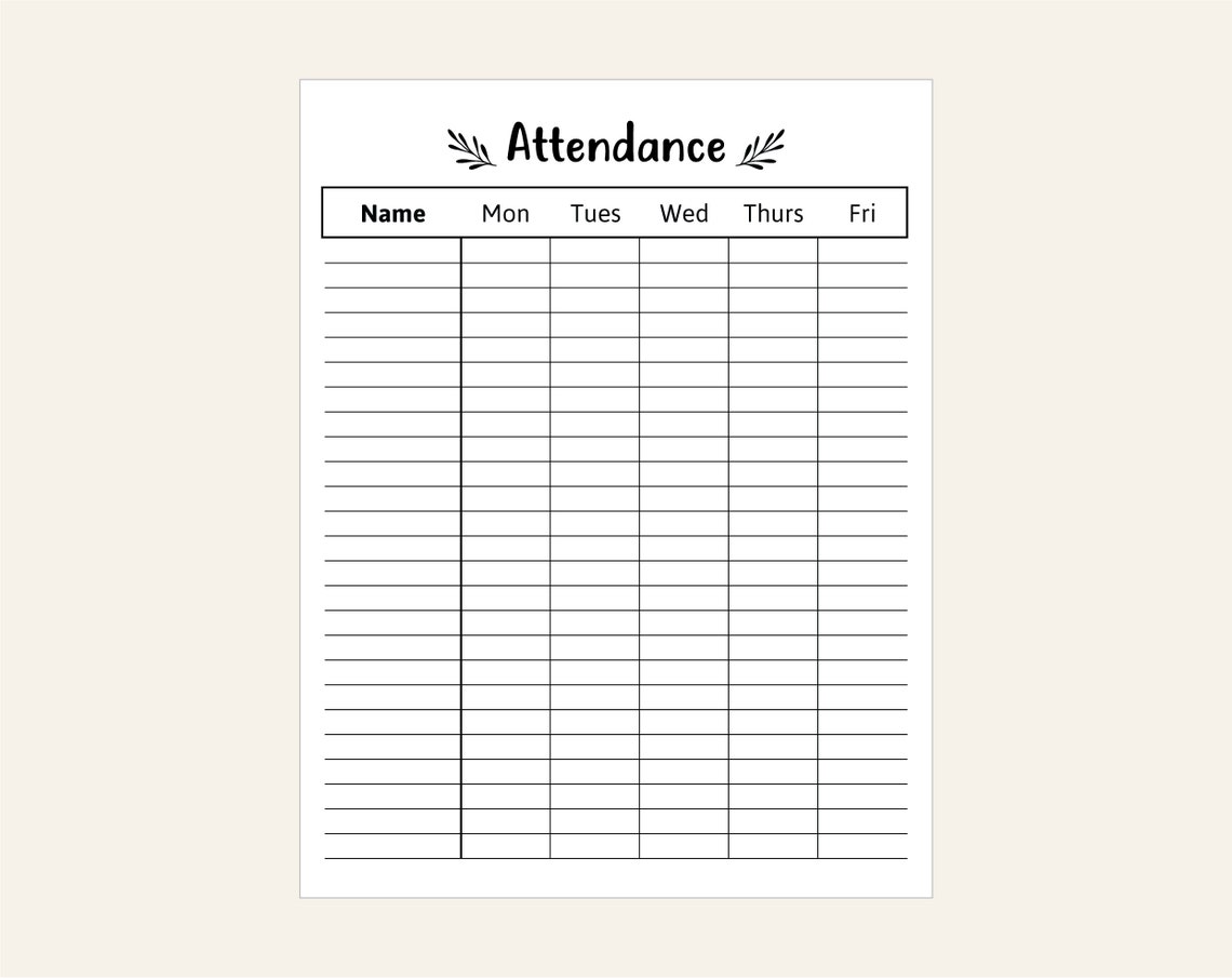 Weekly Attendance Sheet for Teachers, Prints for Classroom Substitute ...