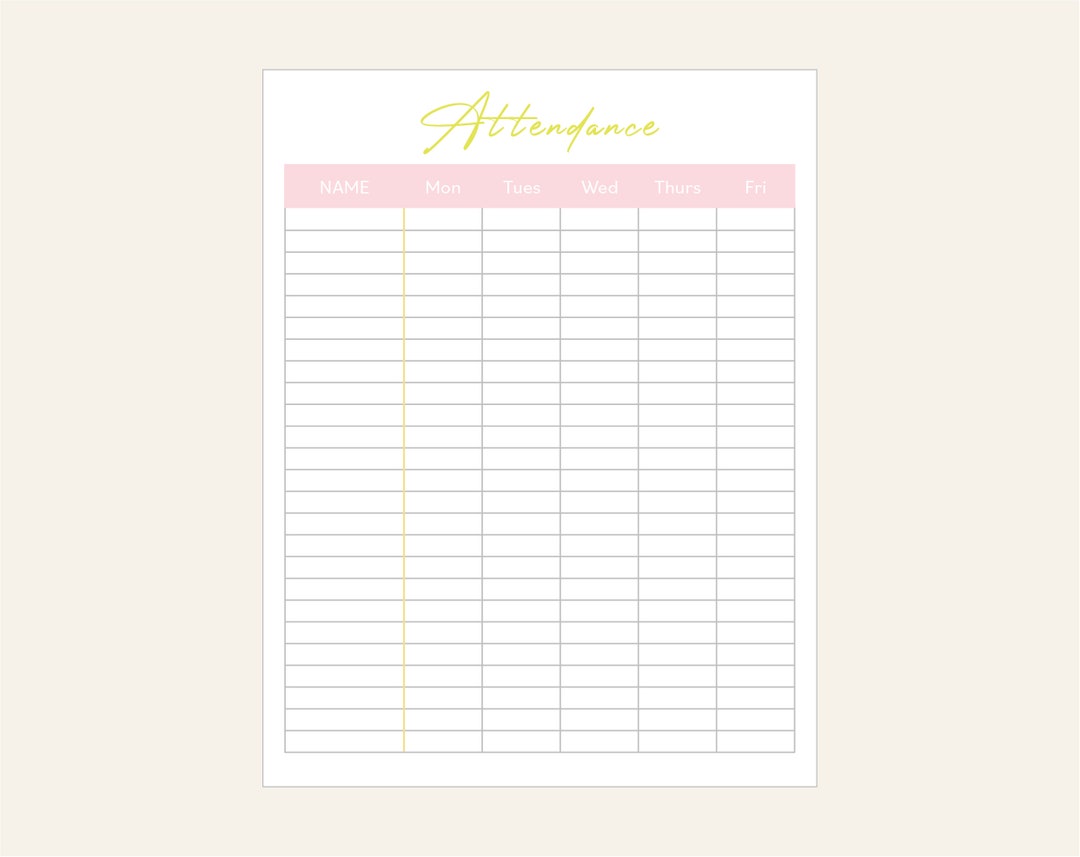 Weekly Attendance Sheet Pink for Teachers, Prints for Classroom ...