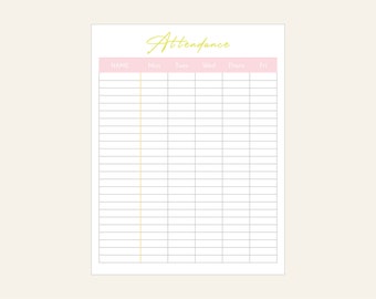 Weekly Attendance Sheet Pink for Teachers, Prints for Classroom ...