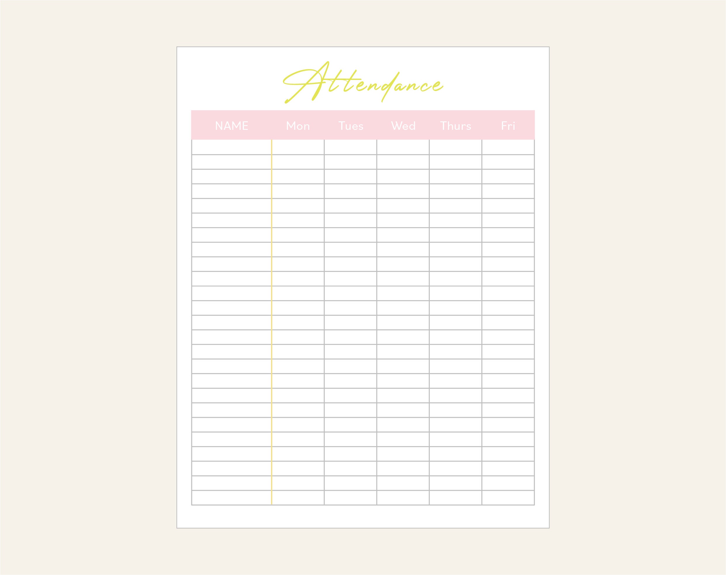 Weekly Attendance Sheet Pink for Teachers, Prints for Classroom ...