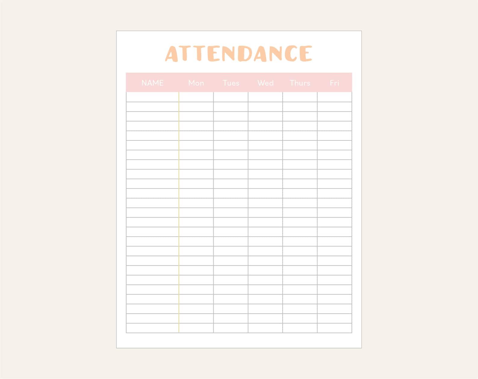 Weekly Attendance Sheet Pink for Teachers, Prints for Classroom ...