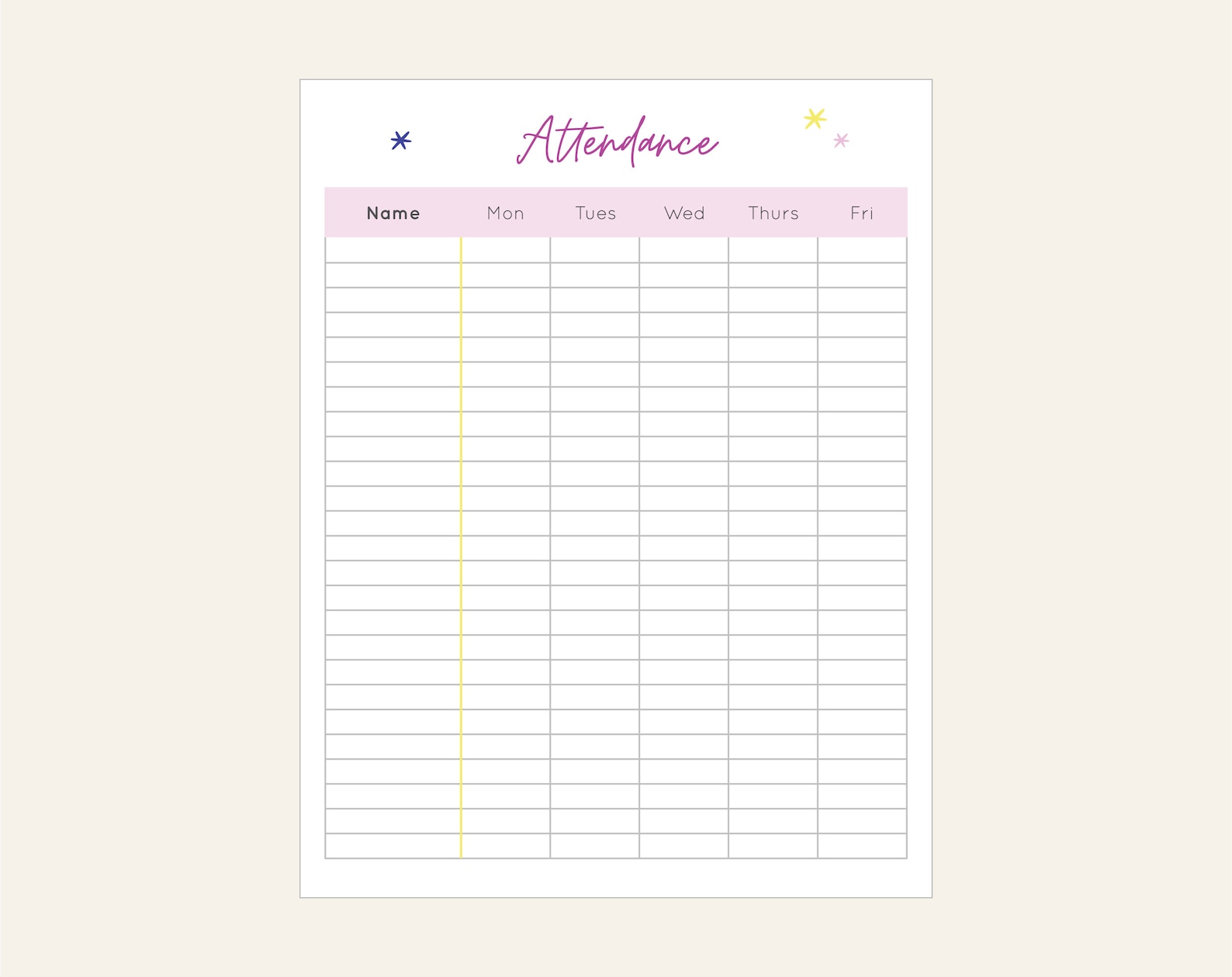 Weekly Attendance Sheet for Teachers, Prints for Classroom Substitute ...