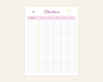 Weekly Attendance Sheet Pink for Teachers, Prints for Classroom ...