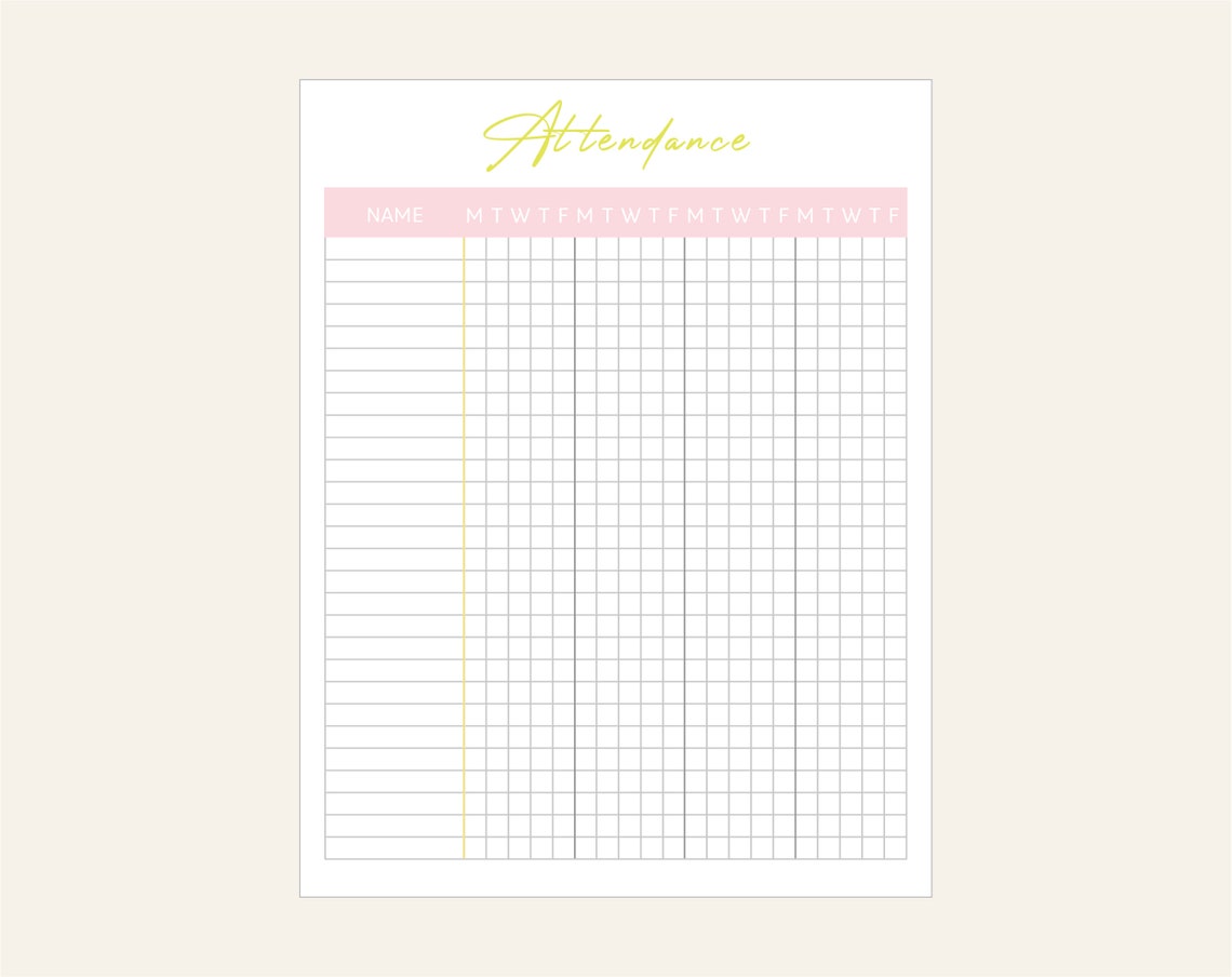Monthly Attendance Sheet Pink for Teachers, Prints for Classroom ...
