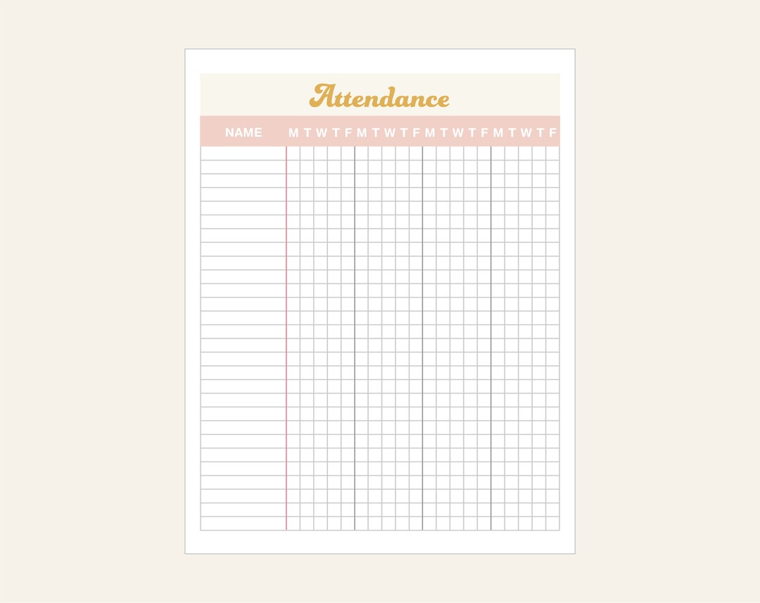Monthly Attendance Sheet Pink for Teachers, Classroom Prints Substitute ...