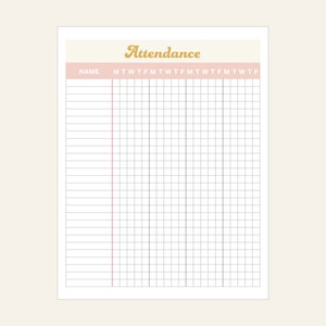 Monthly Attendance Sheet Pink for Teachers, Classroom Prints Substitute ...