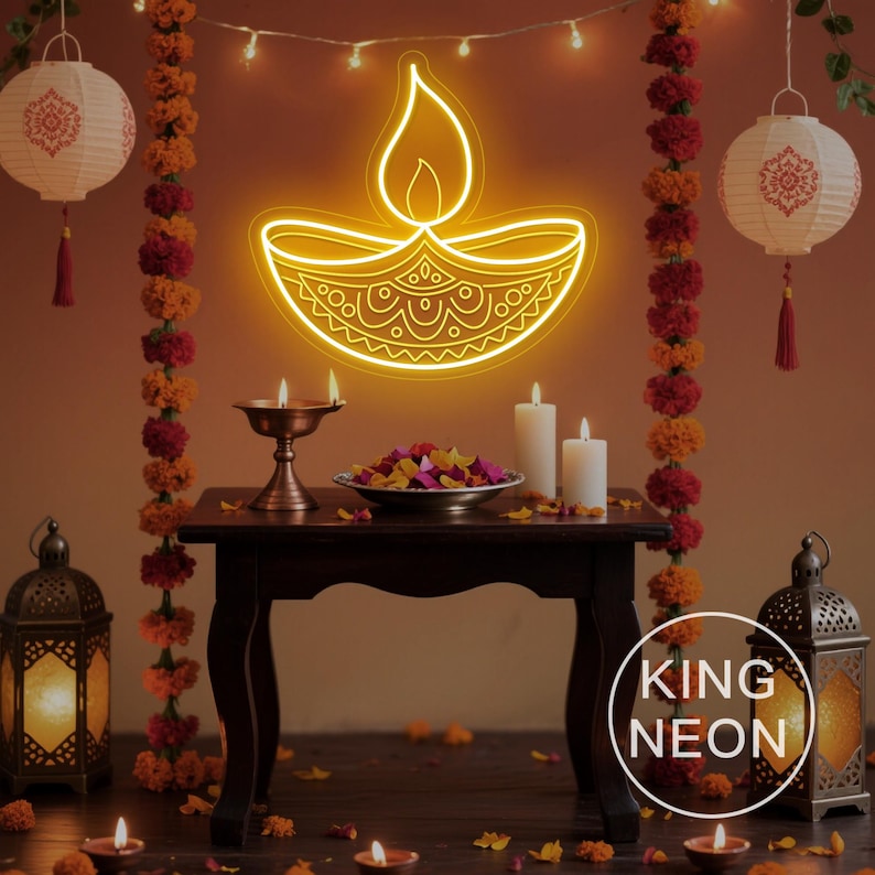 Diwali Diya Light Neon Sign, Custom Happy Diwali LED Neon Light, Indian ...