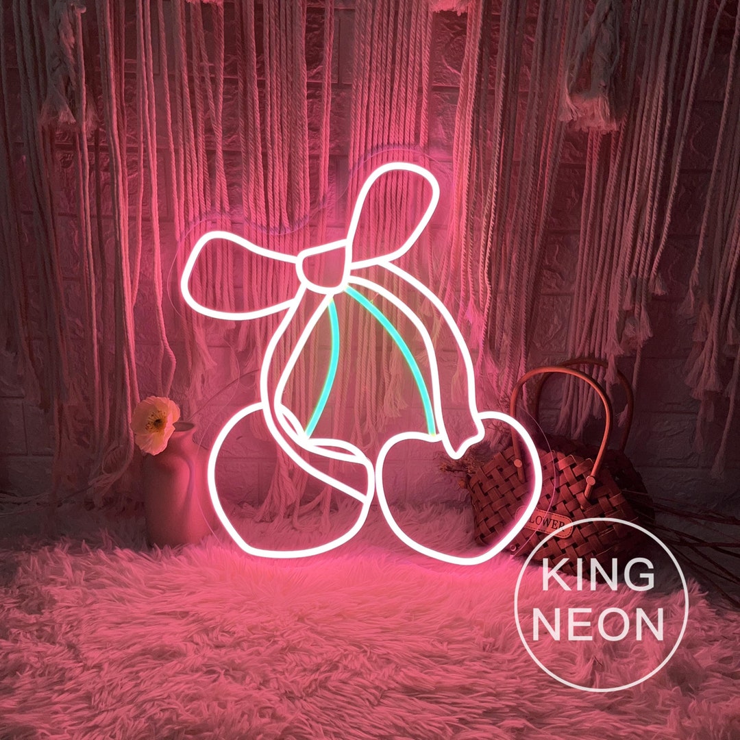 Pink Cherry Bow LED Neon Sign, Custom Girly Heart Coquette Cherry ...
