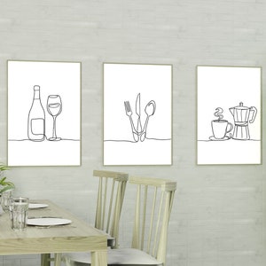 Set of 3 Line Drawing Printable Kitchen Decor ,kitchen Wall Art, Dining ...