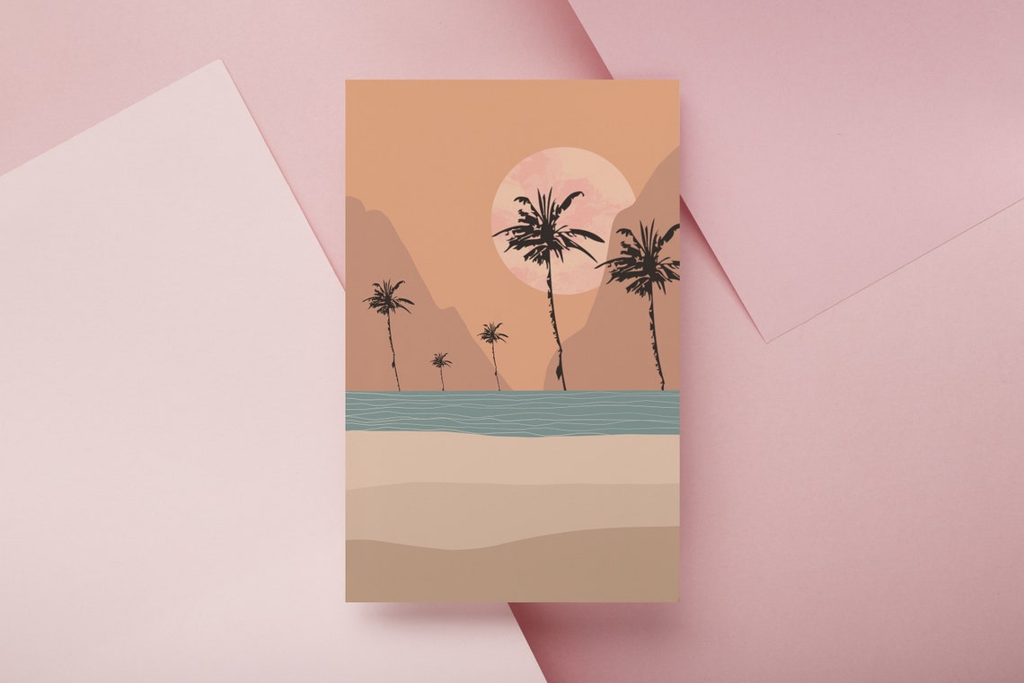 Tropical Beach Landscape Printable Wall Decor Sunset Design | Etsy