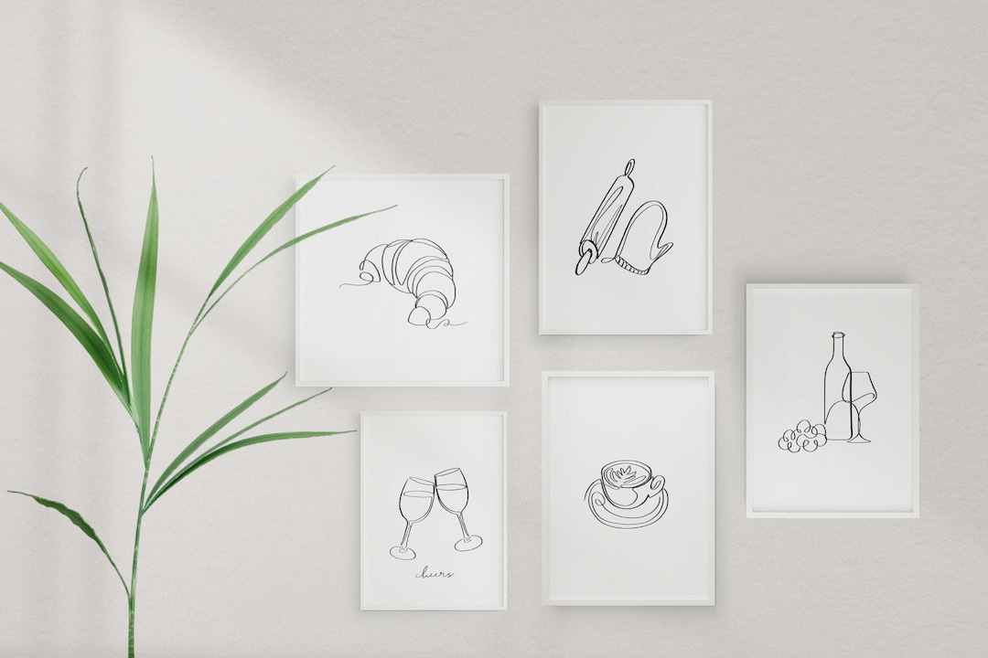 Set of 5 Line Drawing Printable Kitchen Decor ,kitchen Wall Art, Dining ...