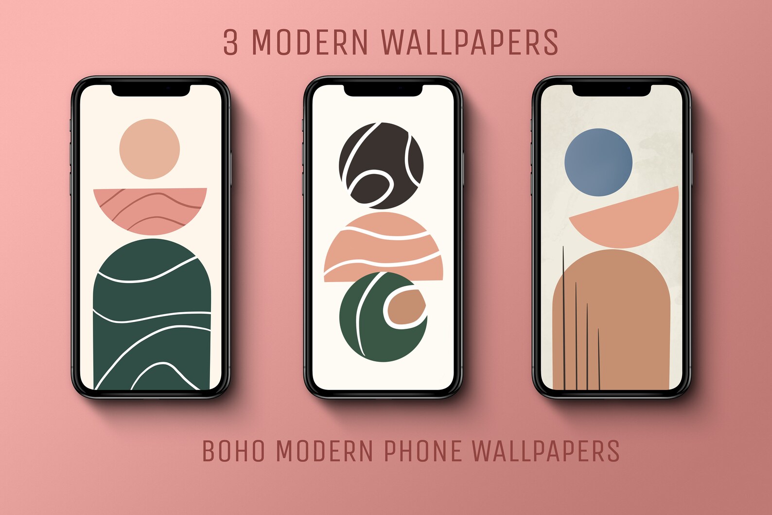 Set of 3 iPhone HD Wallpapers, Modern Phone Screen, Mid Century Boho ...
