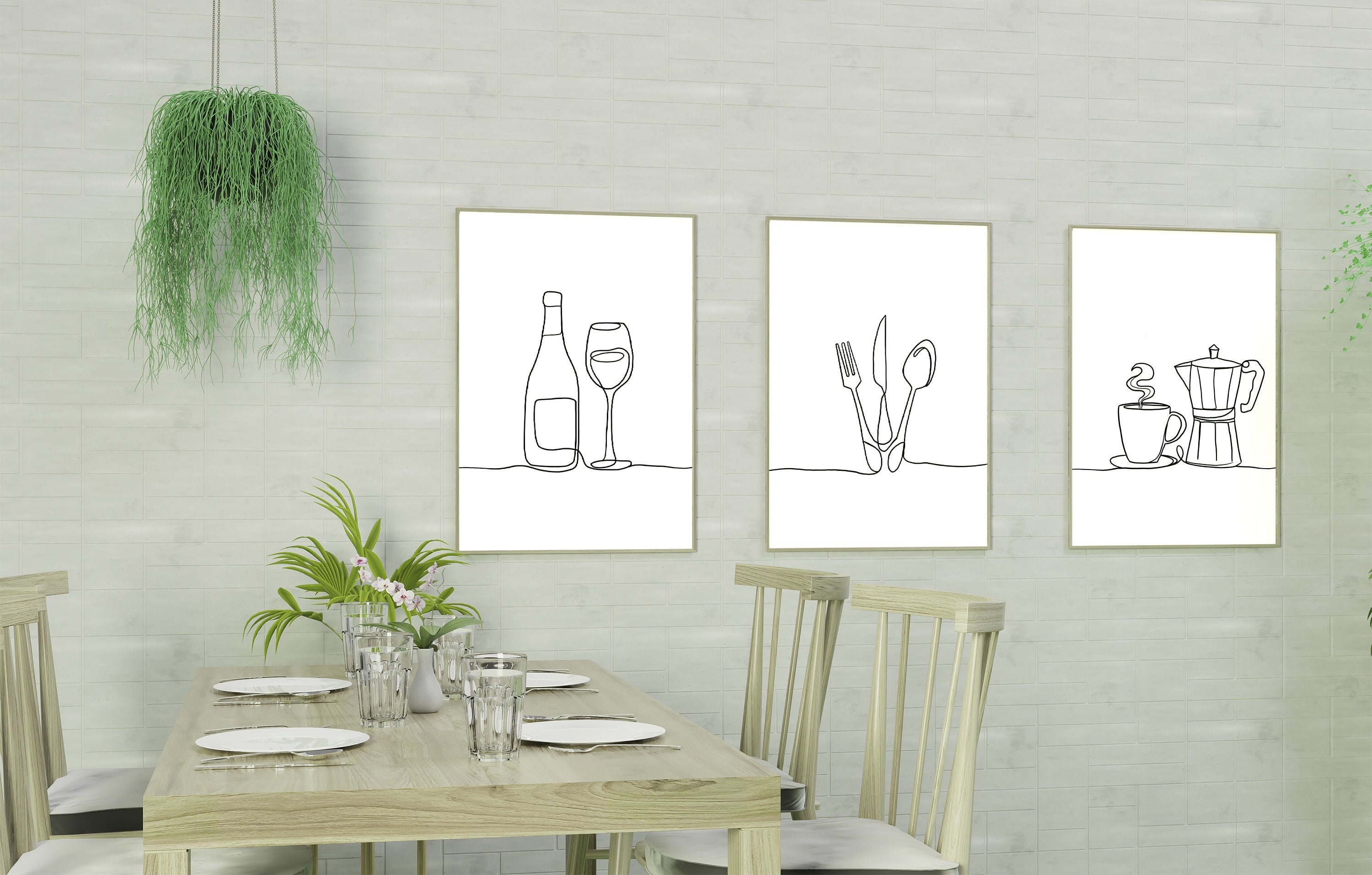 Set of 3 Line Drawing Printable Kitchen Decor kitchen Wall | Etsy