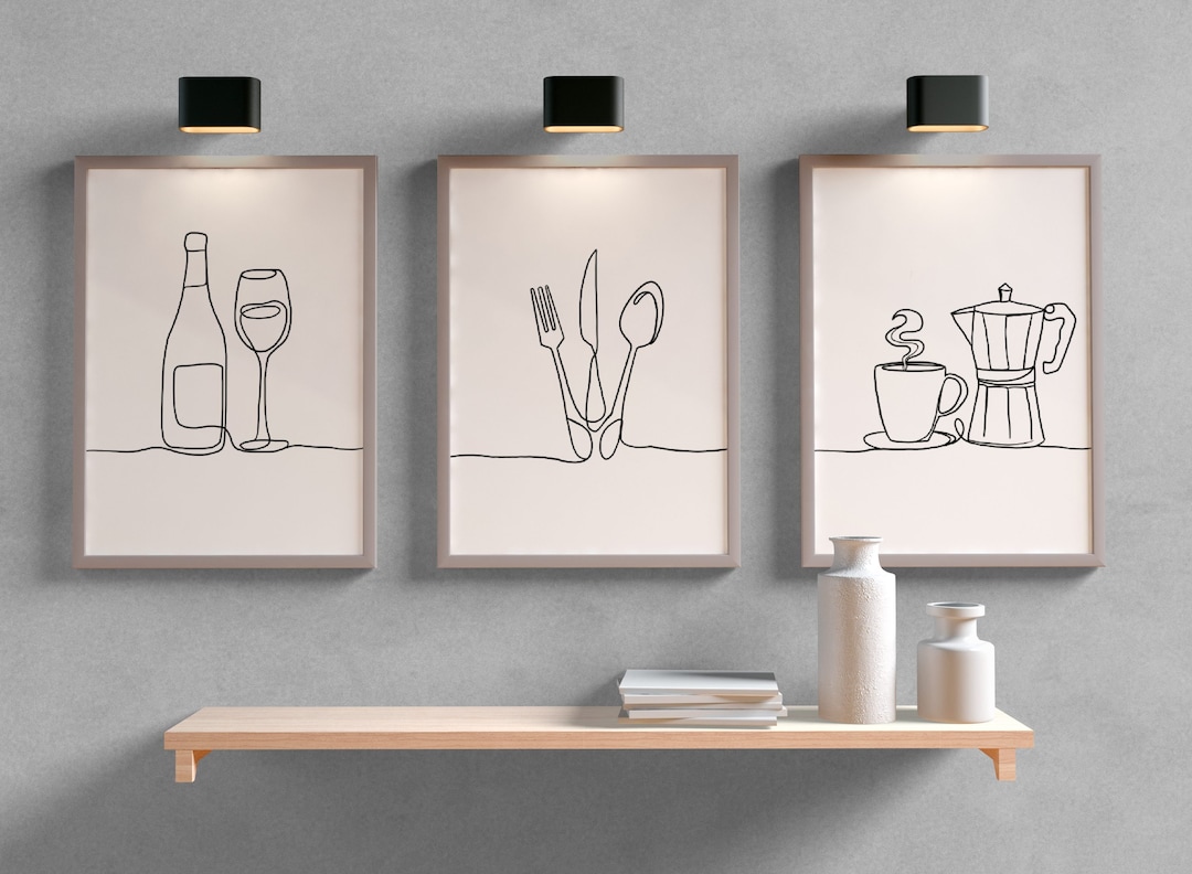 Set of 3 Line Drawing Printable Kitchen Decor ,kitchen Wall Art, Dining ...