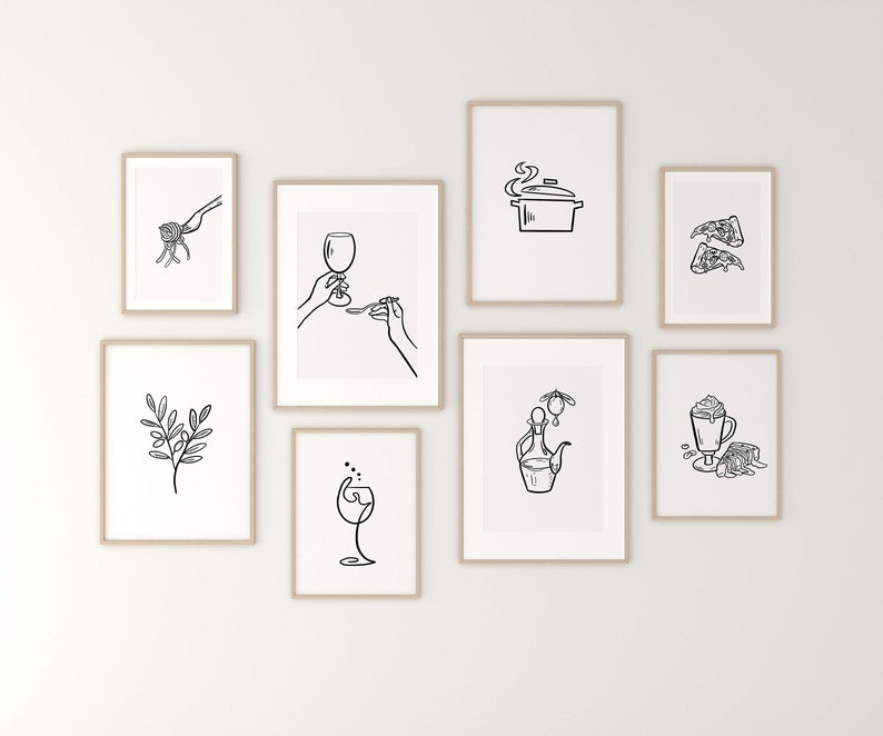 Set of 8 Line Drawing Printable Kitchen Decor kitchen Wall - Etsy