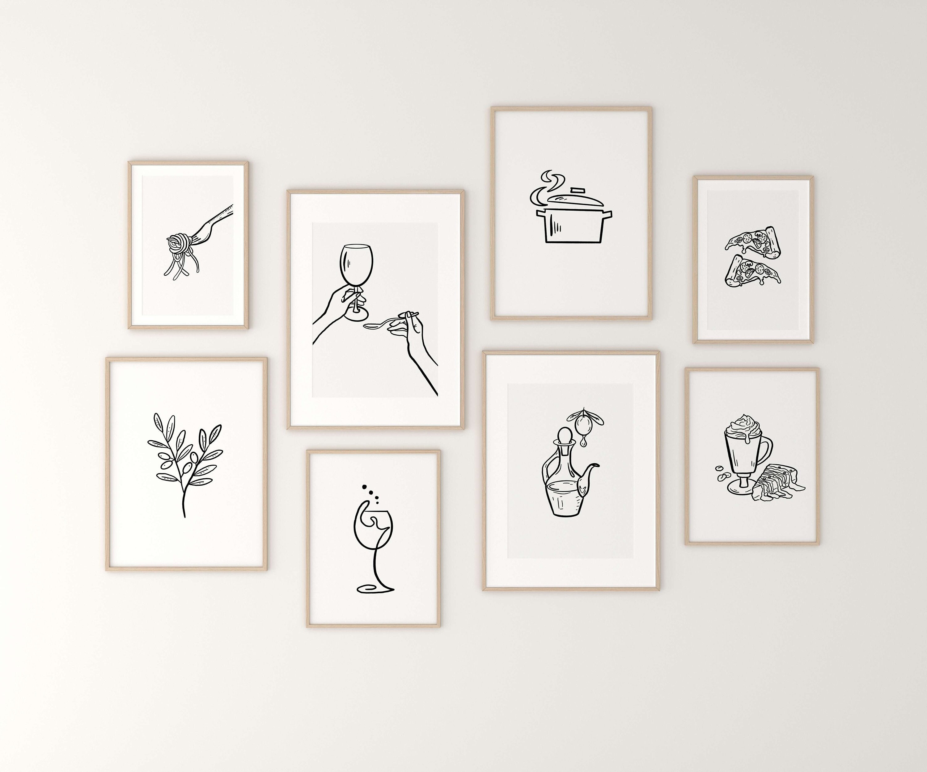 Set of 8 Line Drawing Printable Kitchen Decor ,kitchen Wall Art, Dining ...